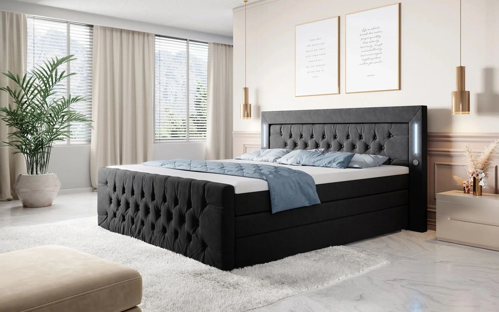 Boxspring postel QUEEN s úložným prostorem, LED a USB, eko kůže Velikost postele: 140 × 200 cm, Barva EKO kůže: Černá EKO kůže, Výběr matrace:…