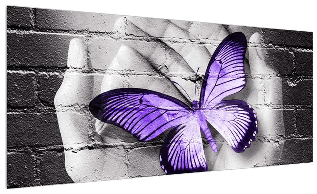 Moderní obraz dlaní s motýlem (100x40 cm)
