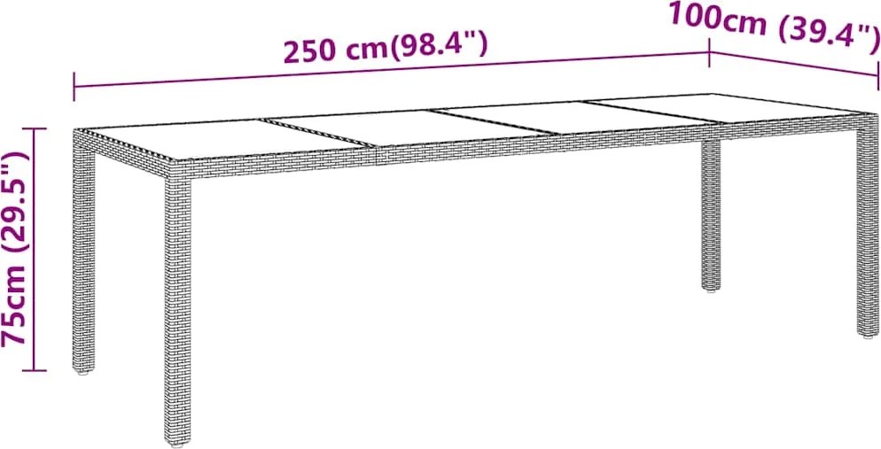 Zahradní stůl 250 x 100 x 75 cm tvrzené sklo a polyratan šedý 310593