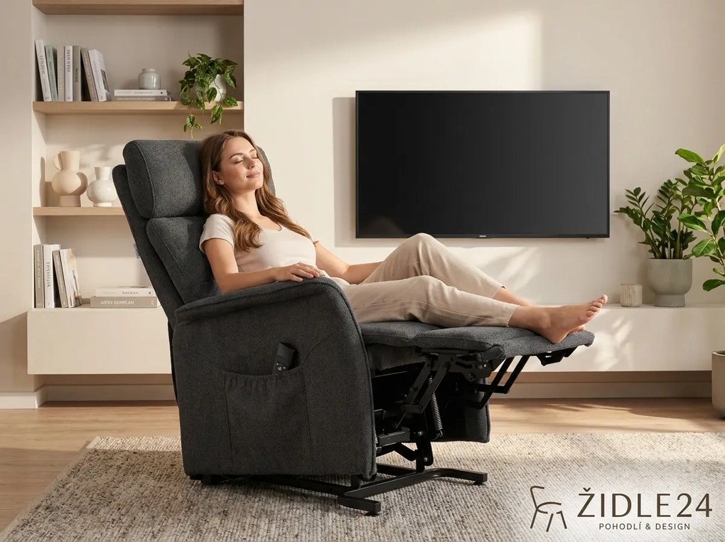 Elektrické polohovací TV křeslo NORMAN - šedá látka