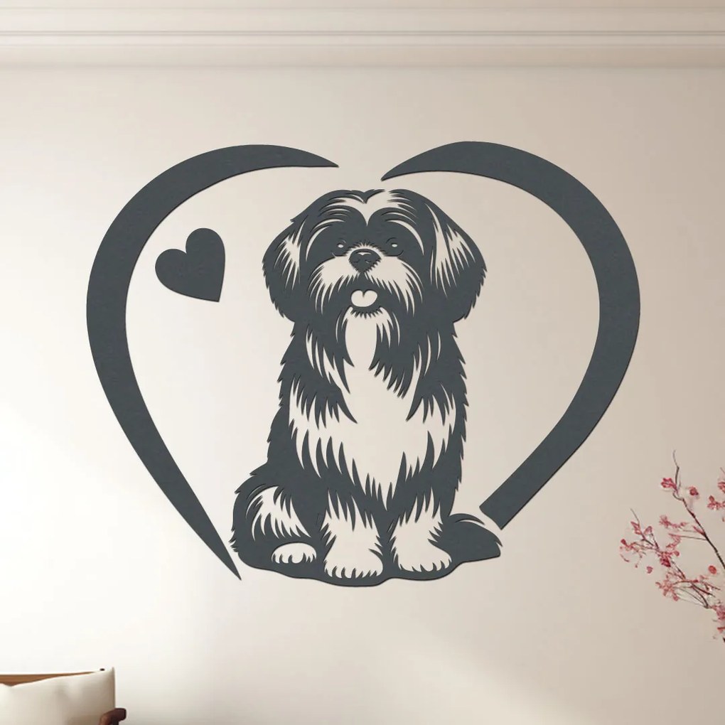 dřevo života Dřevěný obraz psa Shih Tzu se srdcem Zvolte rozměr (cm): 60x48, Zvolte barvu dekoru: Černá