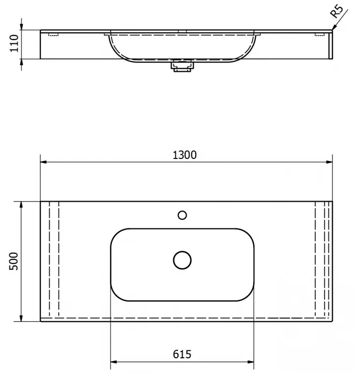 Sapho EMICO umyvadlo, Rockstone, 130x50cm, límec L, bílá mat EM130-B1M-L