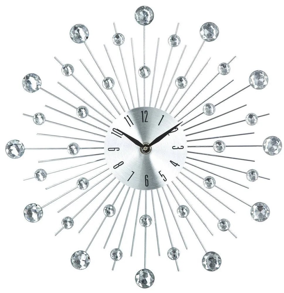 Nástěnné hodiny netradičního tvaru, elegantní dekorace na stěnu s křišťály