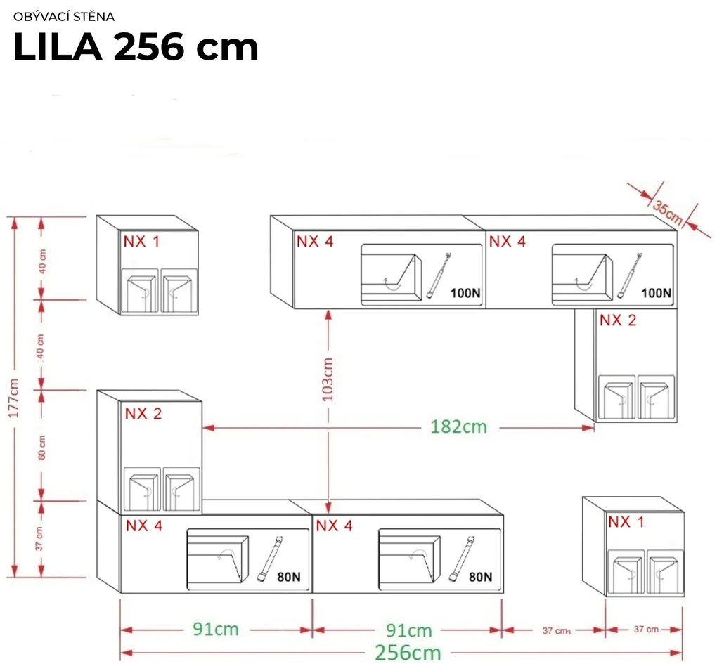 Ral Obývací stěna LILA 5, 256 cm - Černo/bílý lesk