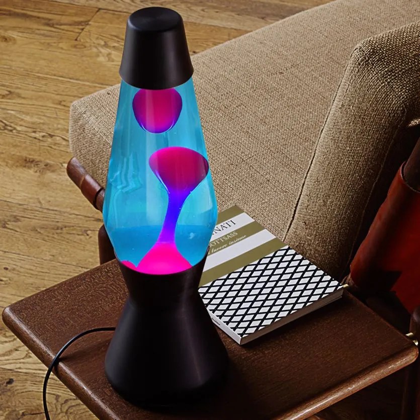 Mathmos Astro Black, originální lávová lampa, matně černá s modrou tekutinou a růžovou lávou, výška 43cm