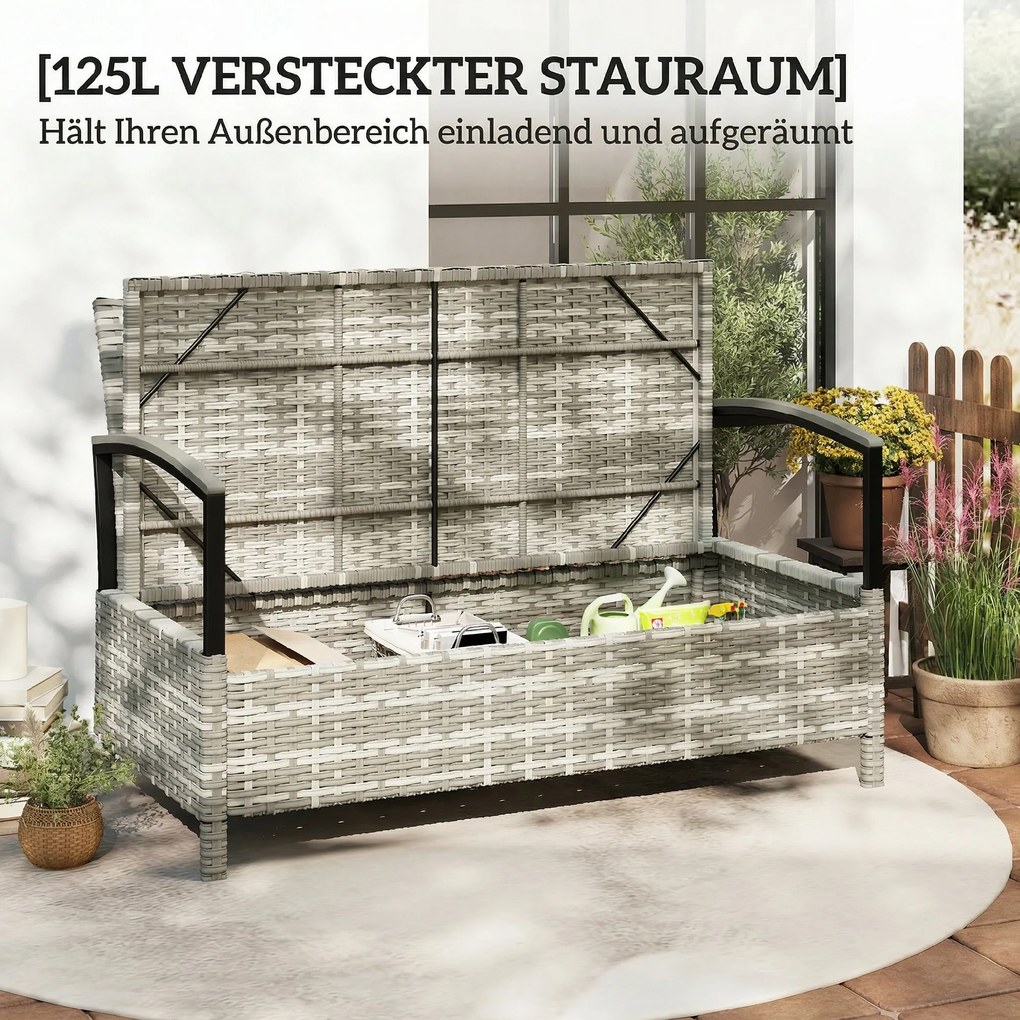 Zahradní lavice s úložným prostorem 2místná lavice s polštáři Úchyty 125L Polyratan 123 x 70 x 82 cm Tmavě šedá barva