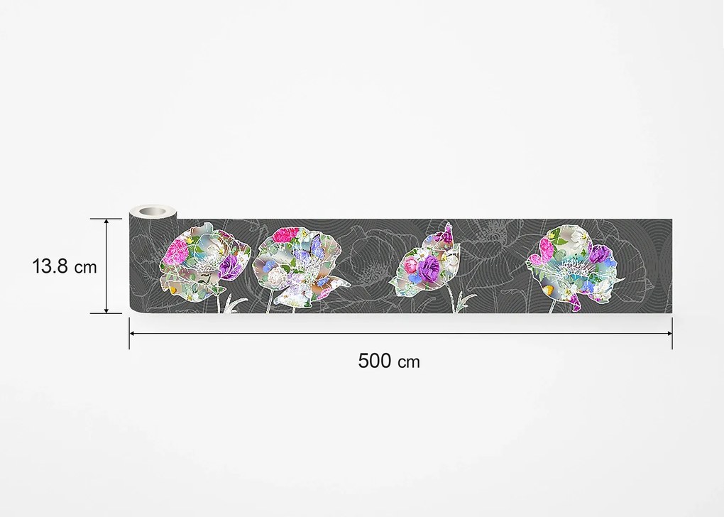 Samolepící bordura na zeď Barevné Květy na Šedém Podkladu | 5 m x 13.8 cm | DWB8246