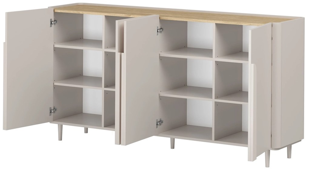 Komoda Amilio 200 cm na nožkách - kašmírová / dub olejovaný / kašmírové úchytky
