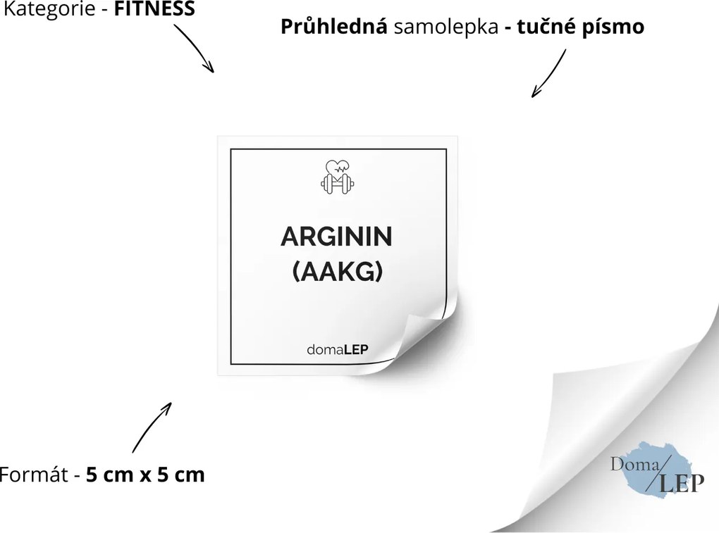 ARGININ - Samolepka na dózu pro fitness doplňky - DomaLEP tvar: ČTVEREC, barva: PRŮHLEDNÁ - ČERNÉ písmo, velikost: š. 5 cm x v. 5 cm - tučné písmo