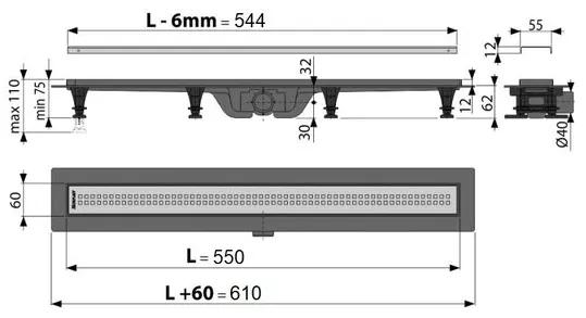 Alcadrain Simple Žlab odtokový 55 cm s okrajem pro perforovaný rošt APZ9-550M