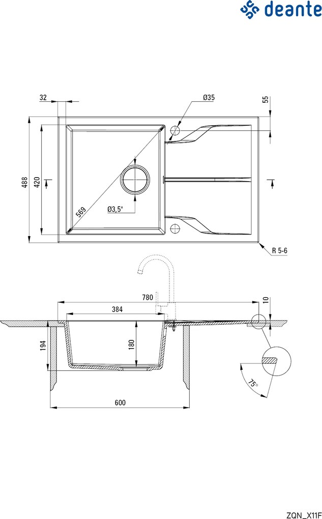 Deante Dřez Andante Flush s odkapávačem, granit - ZQN G11F grafit metalic