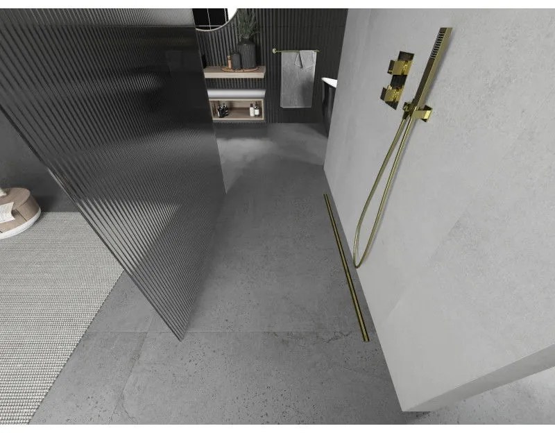 Mexen Kioto, sprchová zástěna Walk-In 110 x 200 cm, 8mm sklo s žebrovým vzorem, zlatý profil, 800-110-002-50-09