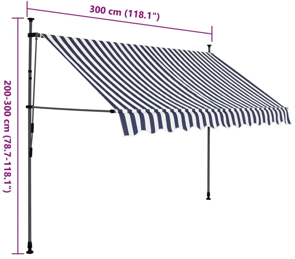 vidaXL Marketos Ručně zatahovací markýza s LED světlem 300 cm modrobílá