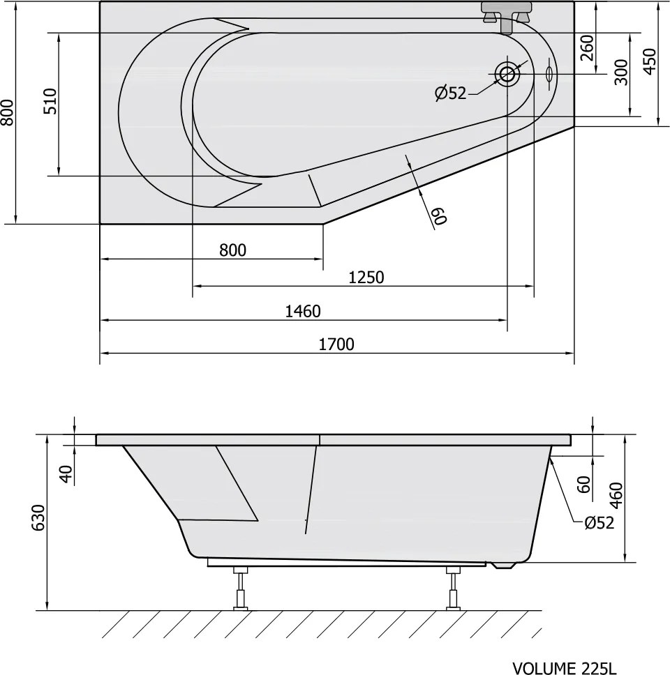Polysan TIGRA L 170 x 80 x 46 cm asymetrická vana levá černá mat 90111.21