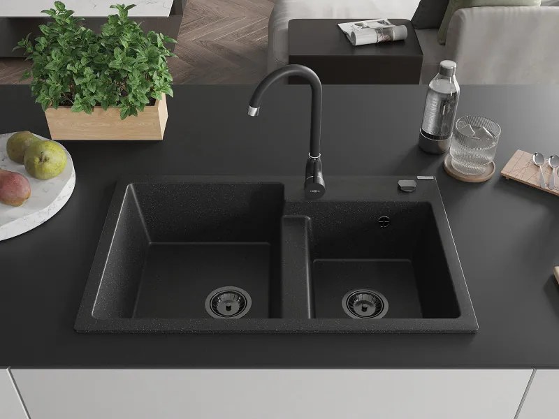 Mexen Tomas, granitový dřez 800x500x190 mm, 2-komorový, černá-stříbrná metalíza s černým sifonem, 6516802000-73-B