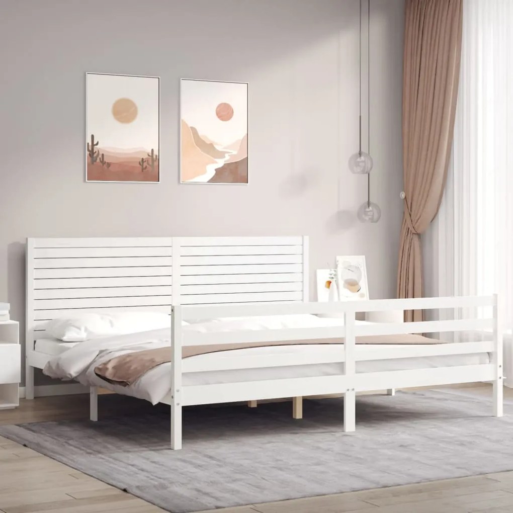 Rám postele s čelem bílý 200 x 200 cm masivní dřevo 3195047