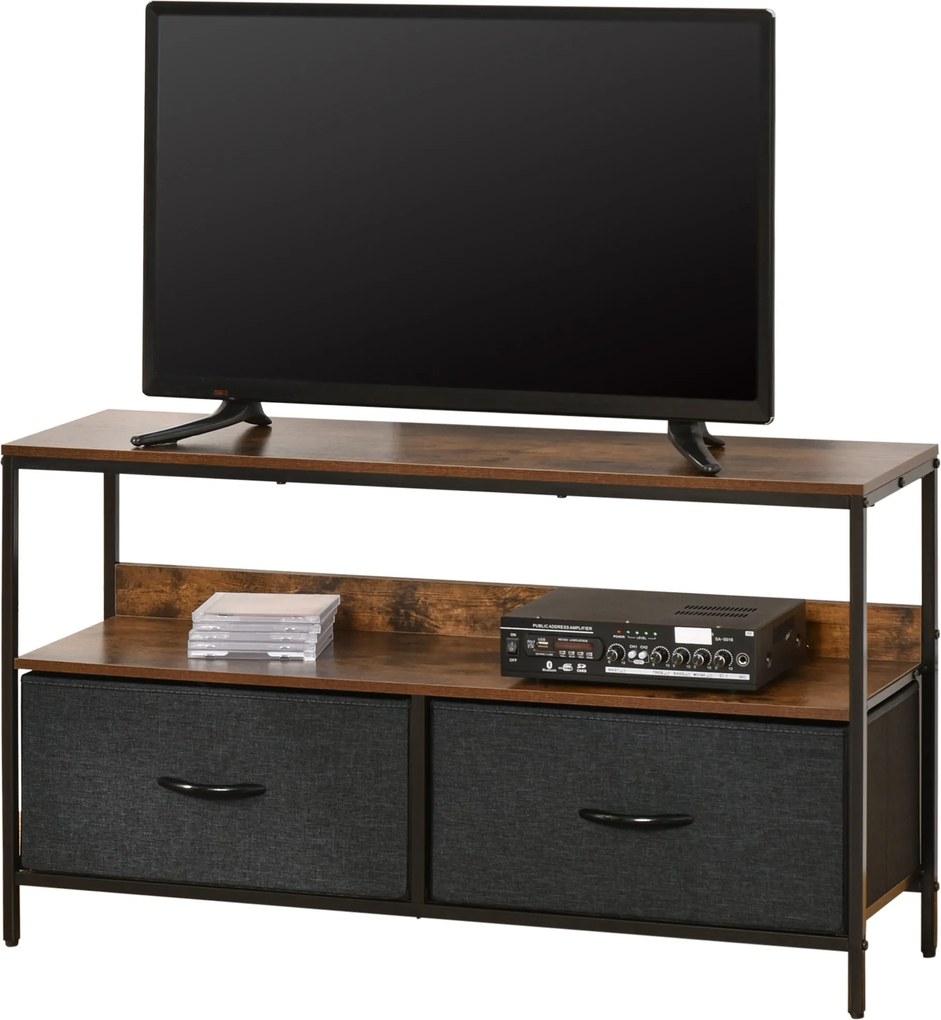 HOMCOM TV Stojan pro TV do 47" s industriálním stylem, s policí a 2 skládacími textilními šuplíky pro obývací pokoj nebo ložnici 98x29x56 cm v rustik…