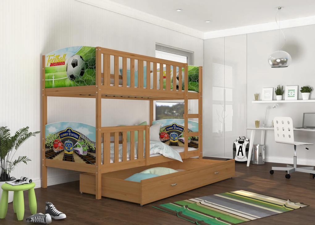 Svět pokojů Patrová postel Mita s obrázkem a úložným prostorem 160x80 cm - rám OLŠE Matrace: Ano, Motiv 1: 01, Motiv 2: 01