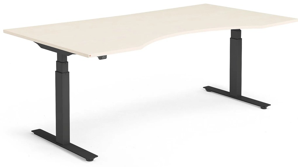 AJ Produkty Výškově nastavitelný stůl MODULUS, vykrojený, 2000x1000 mm, černý rám, bříza