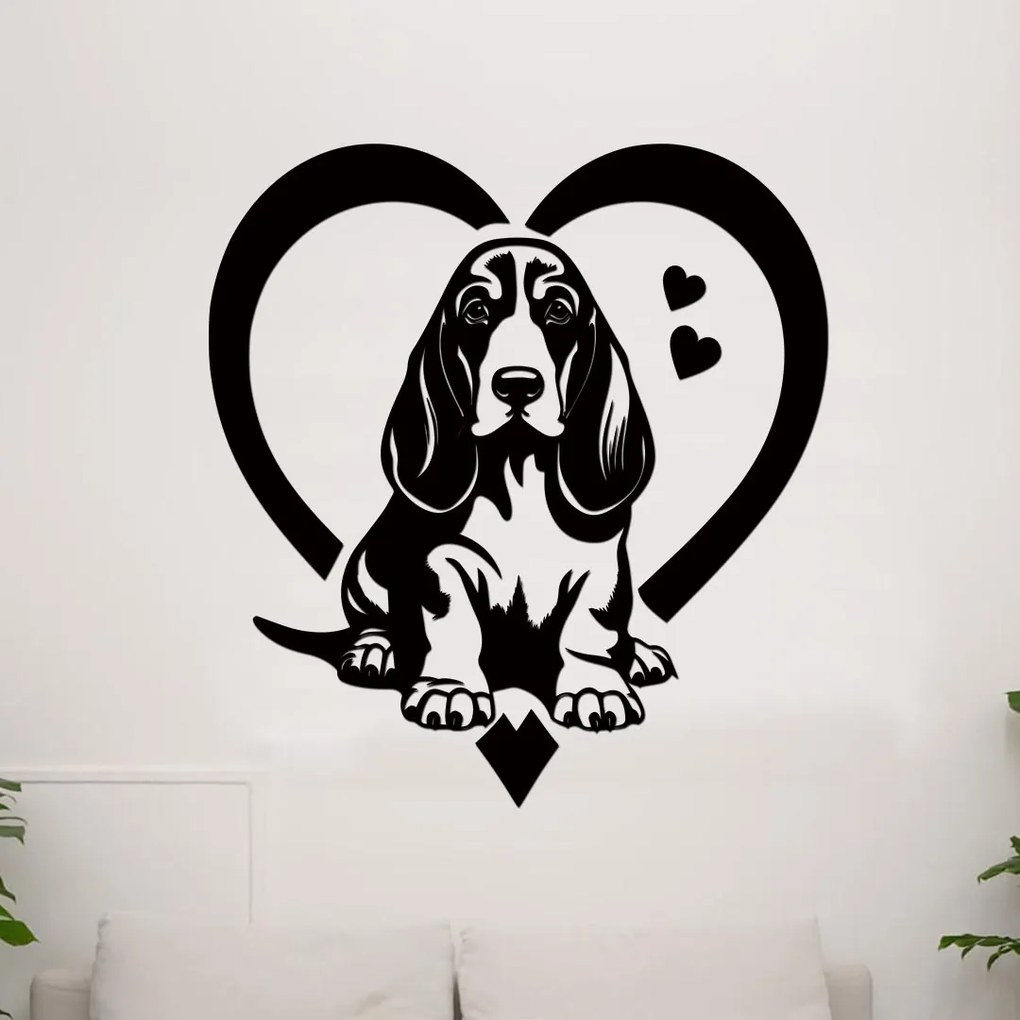 dřevo života Dřevěná samolepka Basset Hound v srdci Zvolte rozměr (cm): 75x80, Zvolte barvu dekoru: Černá