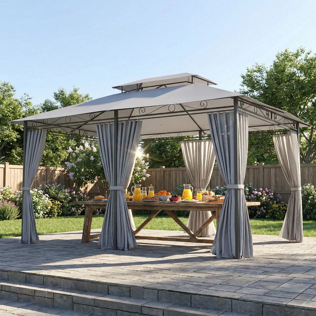 Outsunny zahradní altán 4 x 3 m — voděodolný pevný kovový pavilon s dvojitou střechou a 6 bočními panely, tmavě šedý