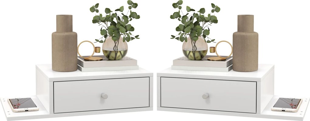 HOMCOM sada 2 nástěnných nočních stolků - sada 2 nočních stolků - boční polička a zásuvka - 55Š x 30H x 15V cm, bílý MDF