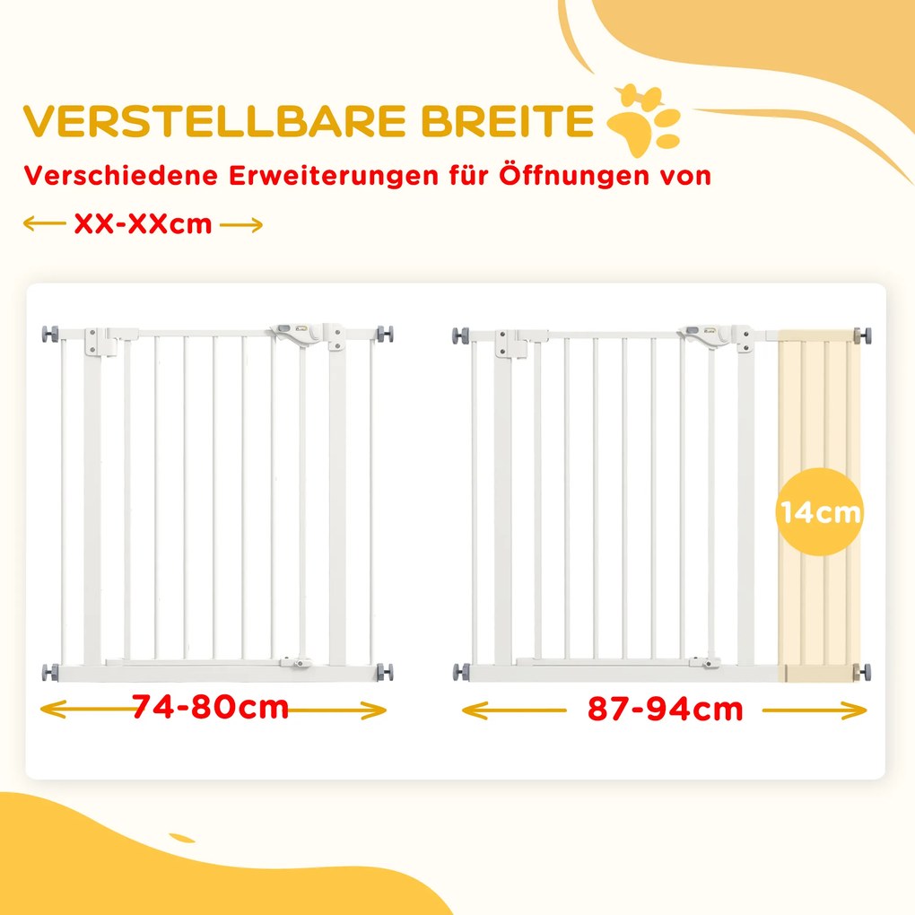 PawHut Zabezpečovací Zábrana Na Schody s 14 cm Expanzí Bez Vrtání pro Šířky 74-94 cm, Dvojitě Otevíratelná Zábrana, Bílá