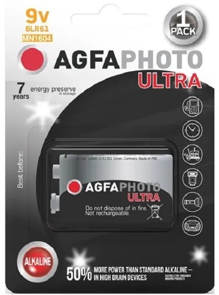 AgfaPhoto Ultra alkalická baterie 9V 6LR61/MN1604, 1ks blistr