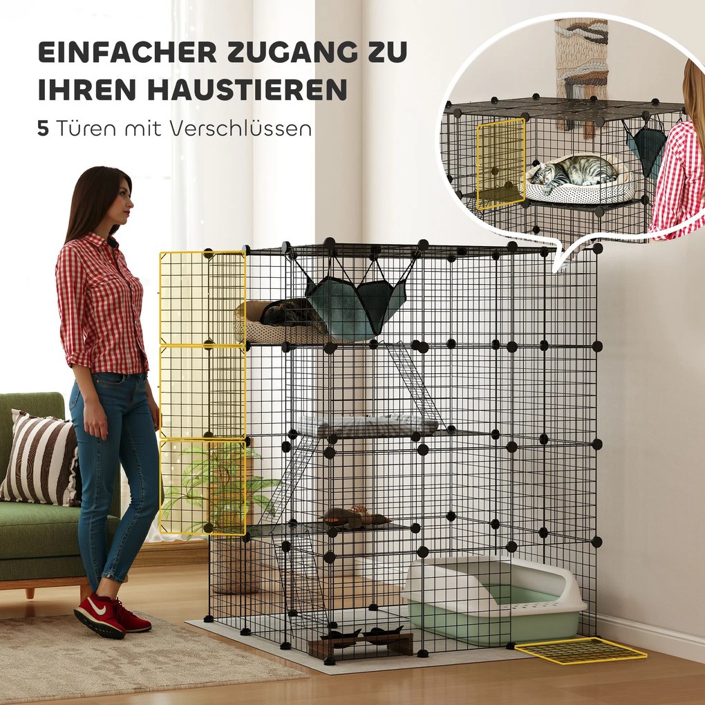 PawHut Ohrada pro domácí zvířata, Vnitřní ohrada pro králíky, 4 úrovně, Modulární ohrada pro malá zvířata, Králíky, Drátěné panely, 105 x 140 cm, Čer…