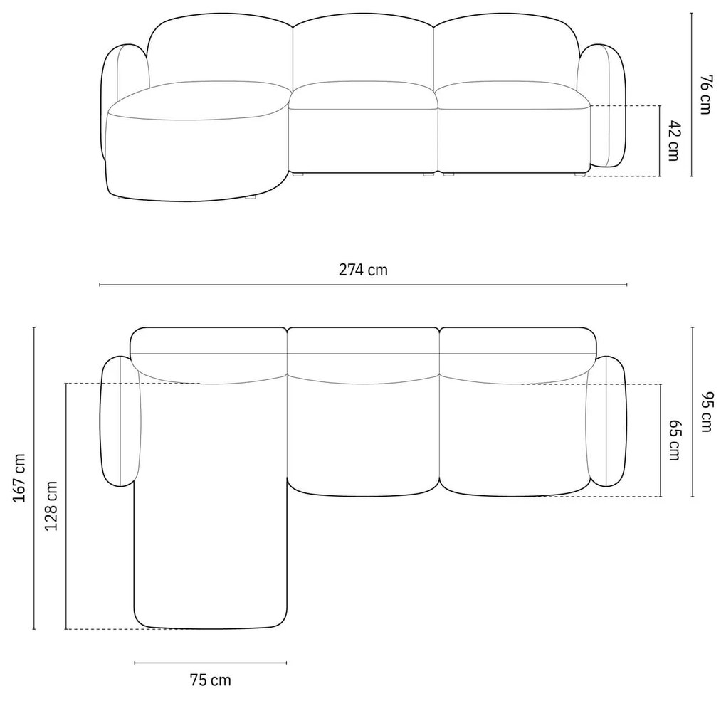 MUZZA Rohová pohovka Claire 274 cm levá chenille černá