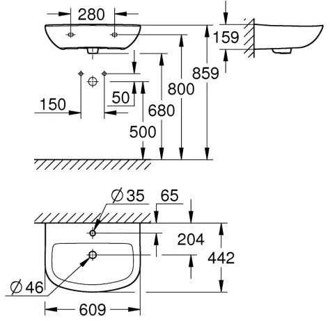 GROHE 39421000 - Závěsné umyvadlo BAU CERAMIC 609 × 442 mm keramika/bílá
