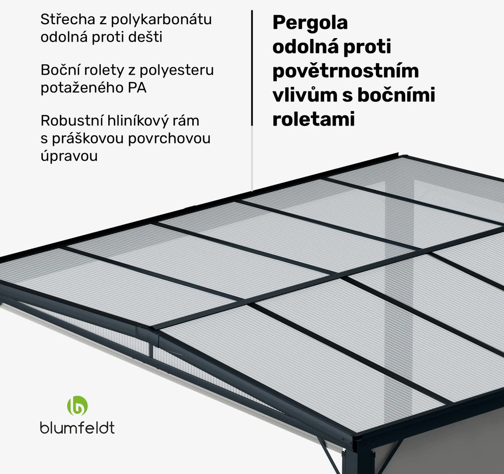 Blumfeldt Pantheon Cortina Solid Sky 3x3 Pergola, odolná proti povětrnostním vlivům, prášková barva, boční panely