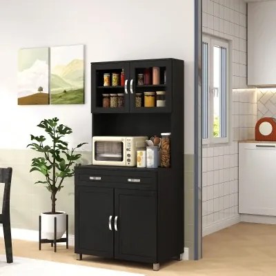 HOMCOM Vysoká kuchyňská skříň, kuchyňská skříň se 4 dveřmi, zásuvka, pracovní plocha, nastavitelné vložky, 80x48x170 cm, černá