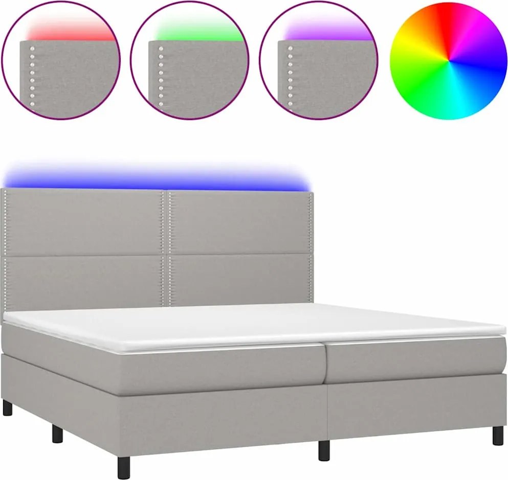 Box spring postel s matrací a LED světle šedá 200x200 cm textil 3134821