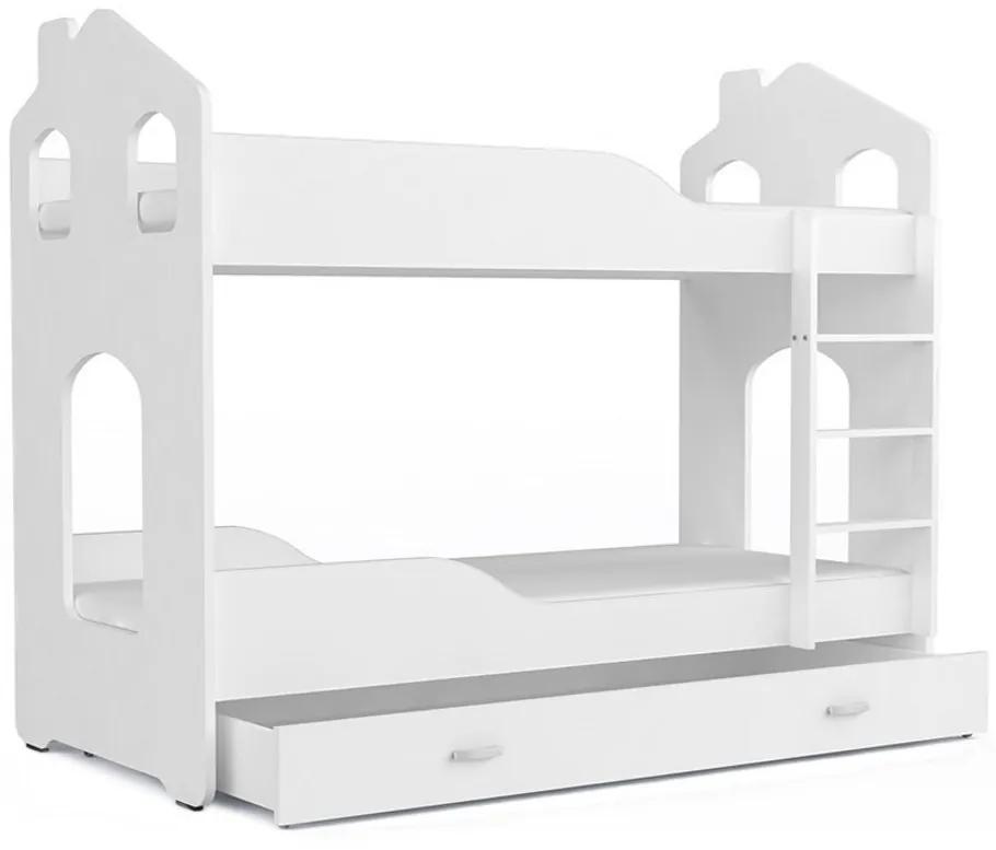 Expedo Dětská patrová postel PATRIK 2 Domek + matrace + rošt ZDARMA, 190x80, bílá/bílá