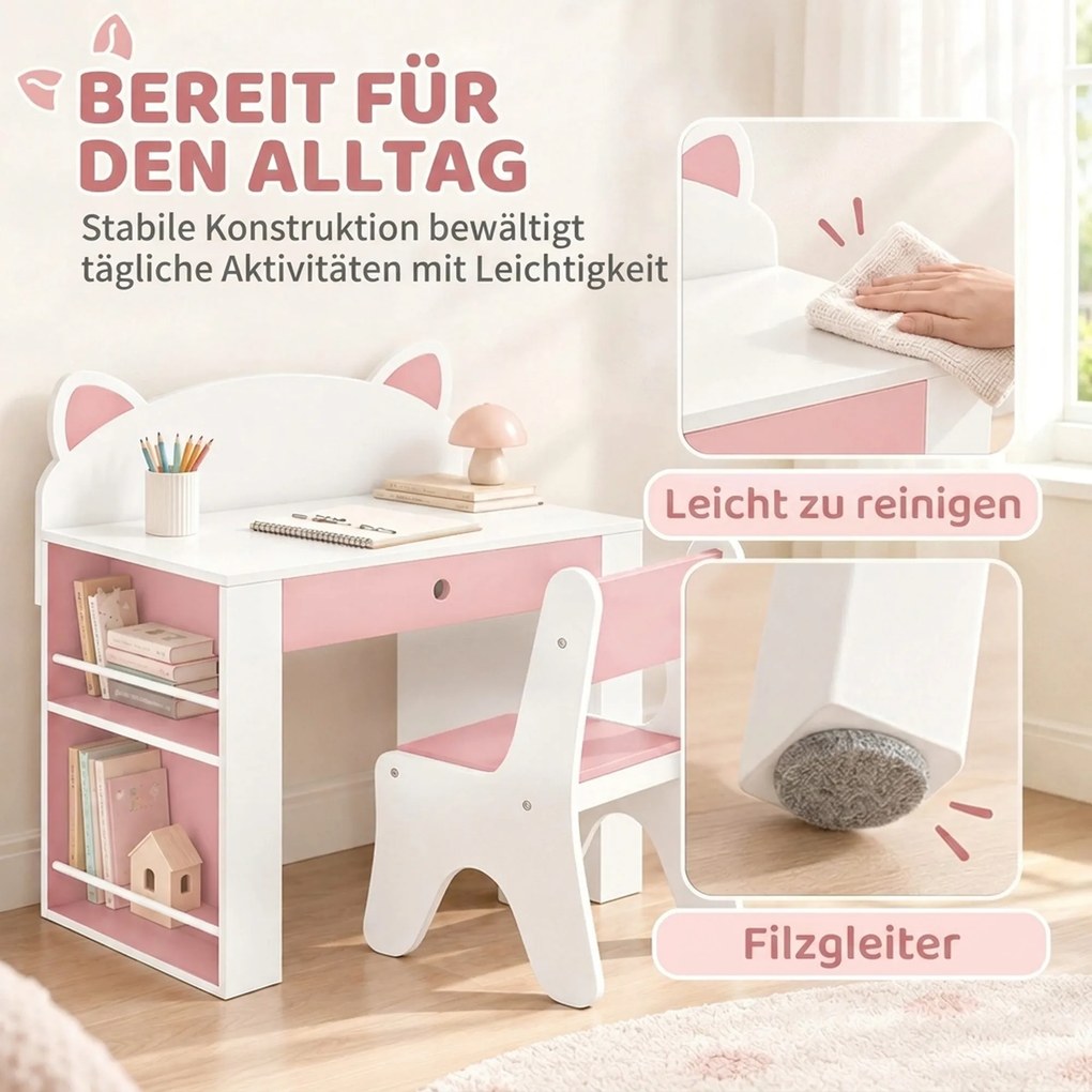 AIYAPLAY dětský stůl se židlí 2dílná dětská sezení s knihovnou a zásuvkou, design liška pro děti 3-8 let, bílo+růžové