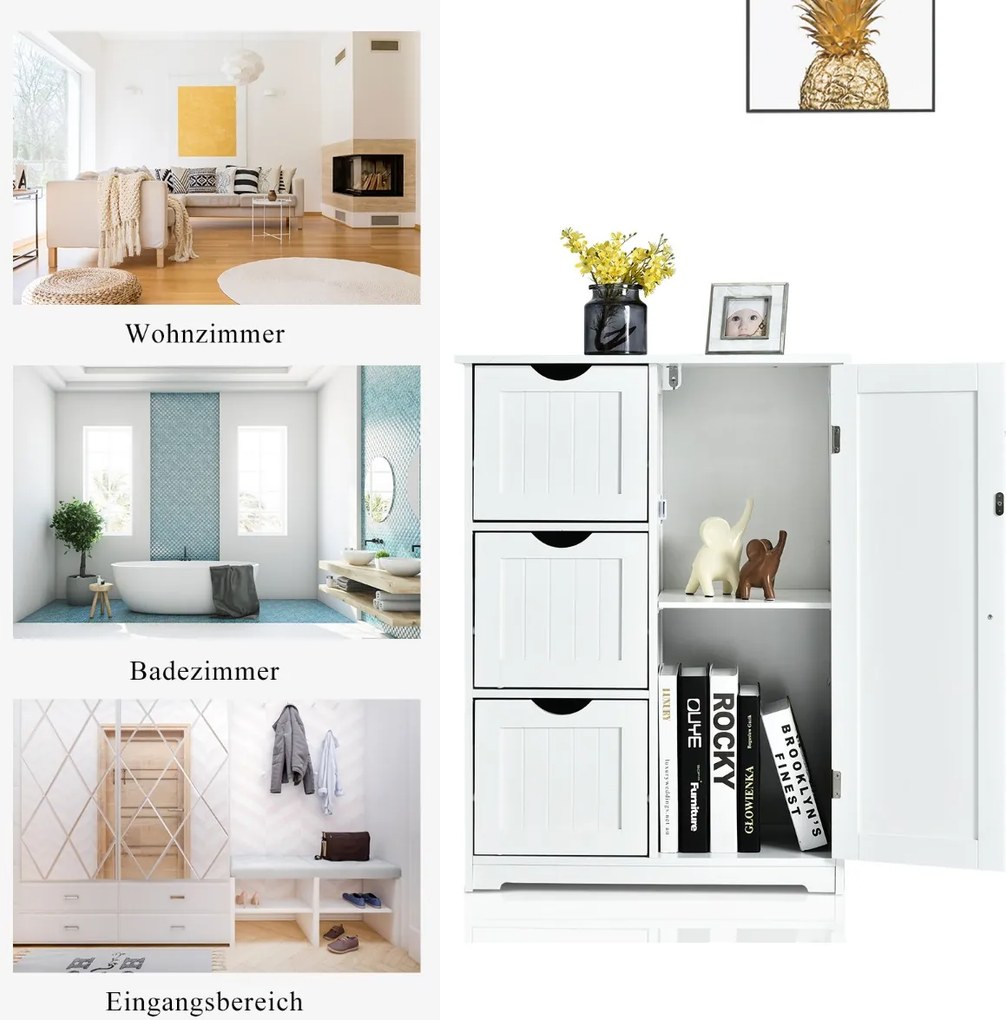 Costway Koupelnová skříňka úložná se 3 zásuvkami – 60 × 30 × 81 cm, bílý