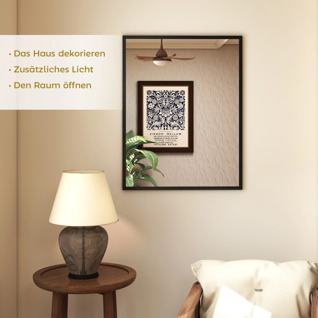 HOMCOM obdélné nástěnné zrcadlo 70 × 90 cm, černý rám z MDF — ideální do koupelny, obýváku nebo ložnice