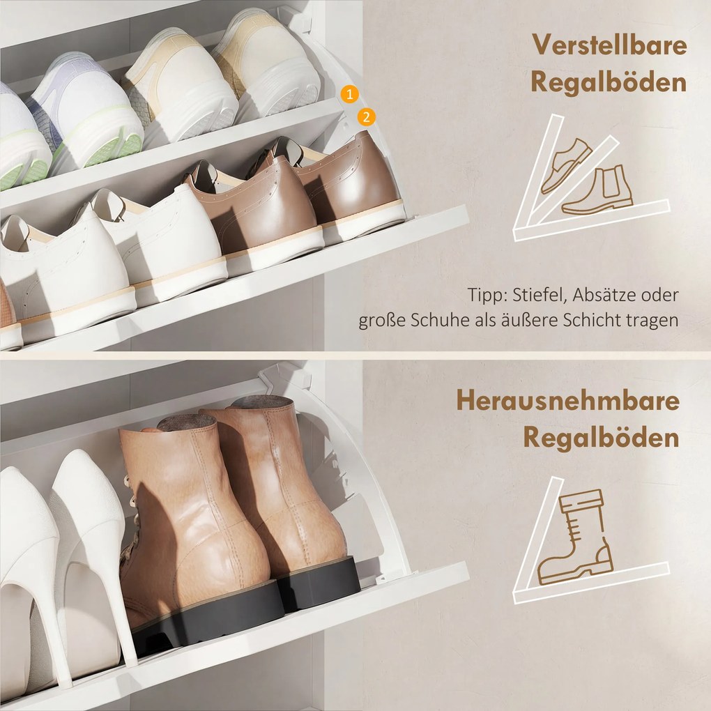 HOMCOM skříňka na boty výklopný botník 3 klapky na 18 párů bot prostorově úsporná v bílé a přírodní barvě 72 x 26 x 112 cm do předsíně a vstupních pr…