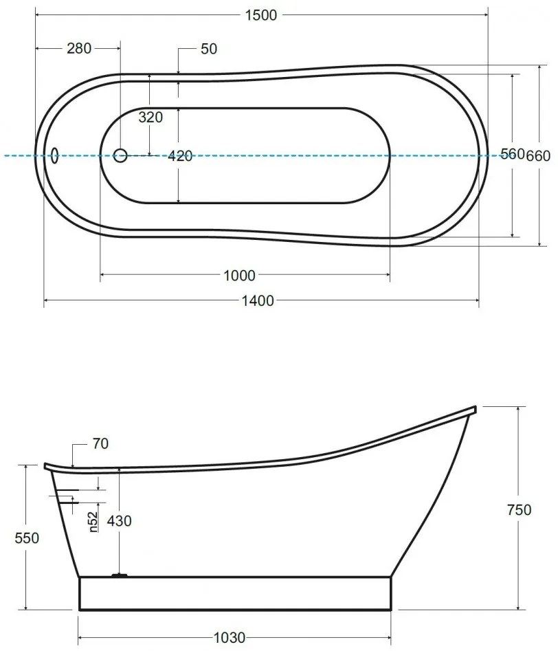 BESCO Volně stojící vana GLORIA Glam - zlatá Rozměr vany - 150 × 70 cm VANPAO15GLAM01