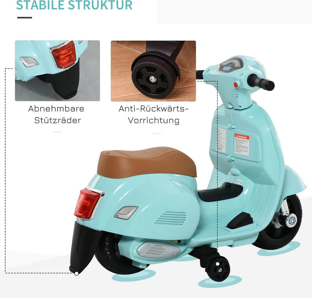 HOMCOM VESPA elektrická motorka dětská motorka elektrické vozidlo 18-36 měsíců 3 km/h LED světlo zvuk PP plast kov zelená 66,5 x 38 x 52 cm
