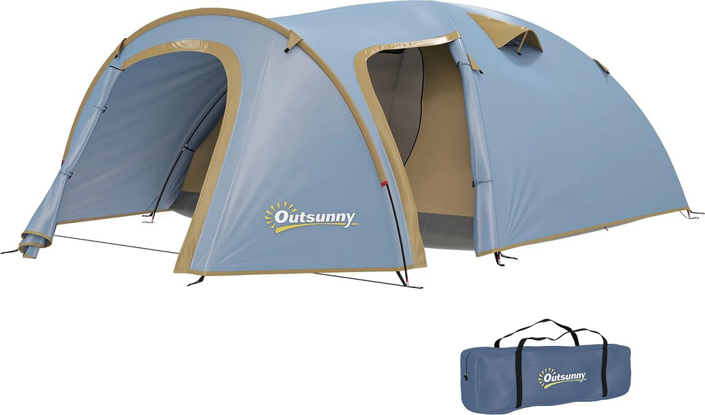 Outsunny Stan pro 4 Osoby, Vodotěsný Tunelový Stan se 2 Dveřmi, S Háčkem a Podlážkou, Rodinný Stan s 2000mm Vodním Sloupcem pro Kempování, Cestování a