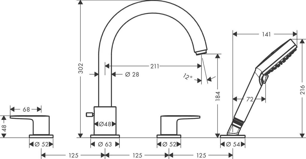 Hansgrohe Vernis Blend, baterie na okraj vany, 4-otvorová instalace, černá matná, 71456670