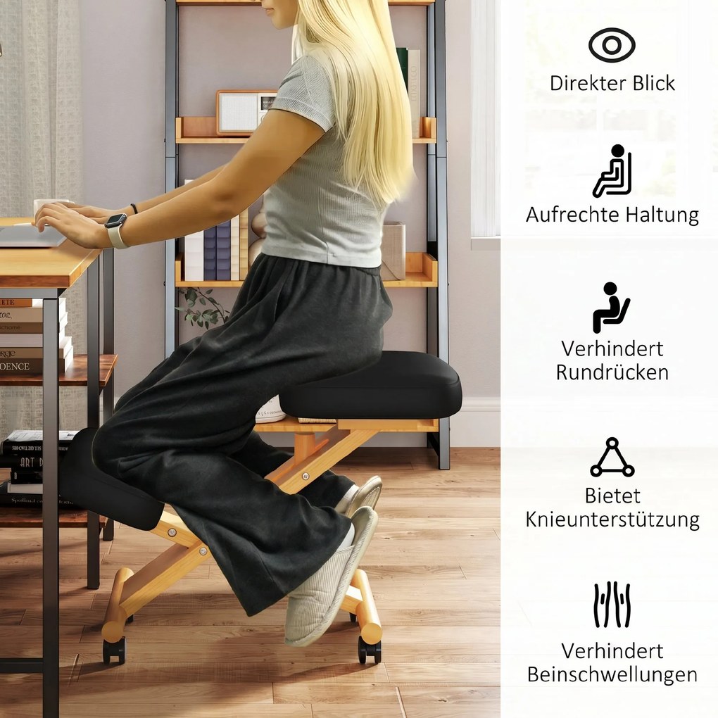 HOMCOM Ergonomická Výškově Nastavitelná Kolenní Židle, Ergonomická Židle do Kanceláře a Domova, Dřevěný Kolenní Stolek na Kolečkách, Černá