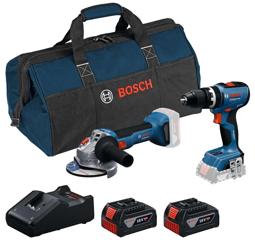 Bosch - 18V AKU sada vrtačky s příklepem GSB 18V-65 a úhlové brusky GWS 18V-8, 2x aku 4,0 Ah Li-Ion, nabíječka 0615A5008Z