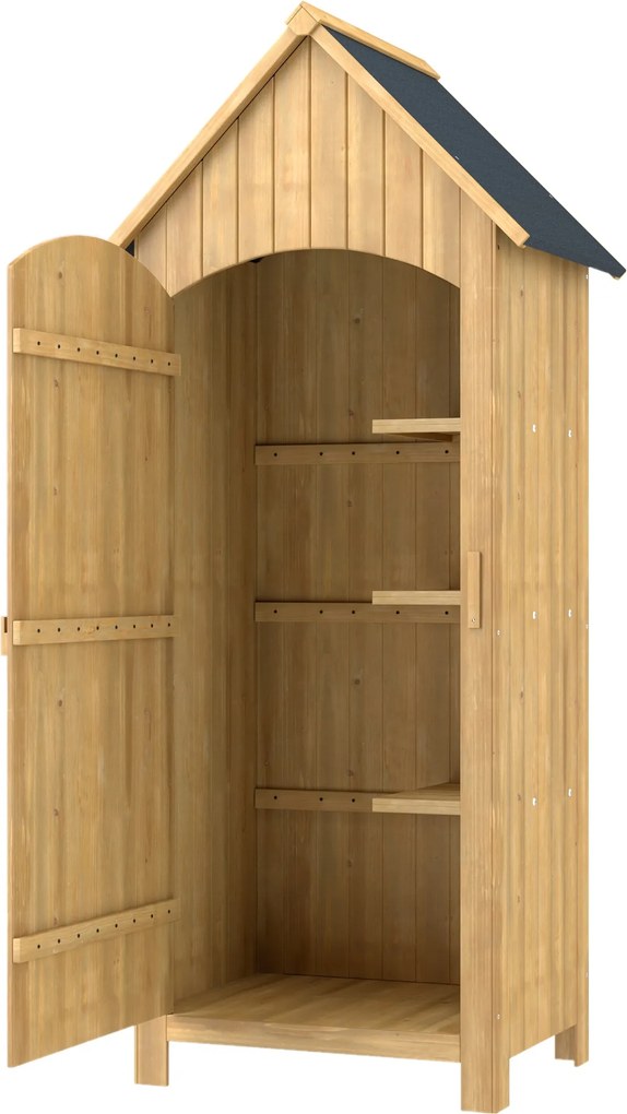 Outsunny Zahradní Chata z Dřeva 77,5x54,2x179,5 cm 0,3 m² Exteriérová Zahradní Chata s Uložením Nářadí, 3 Policemi a 2 Zamykacími Dveřmi pro Terasu |