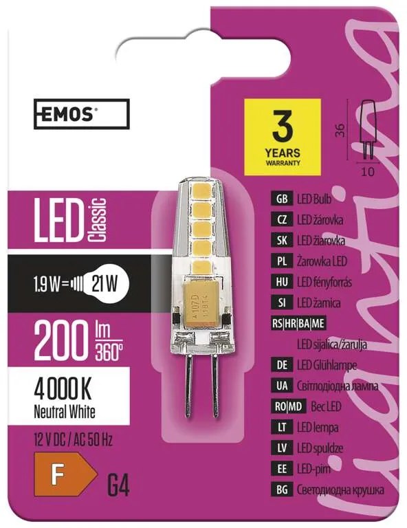 Emos lighting LED žárovka Classic JC 1,9W 12V G4 neutrální bílá