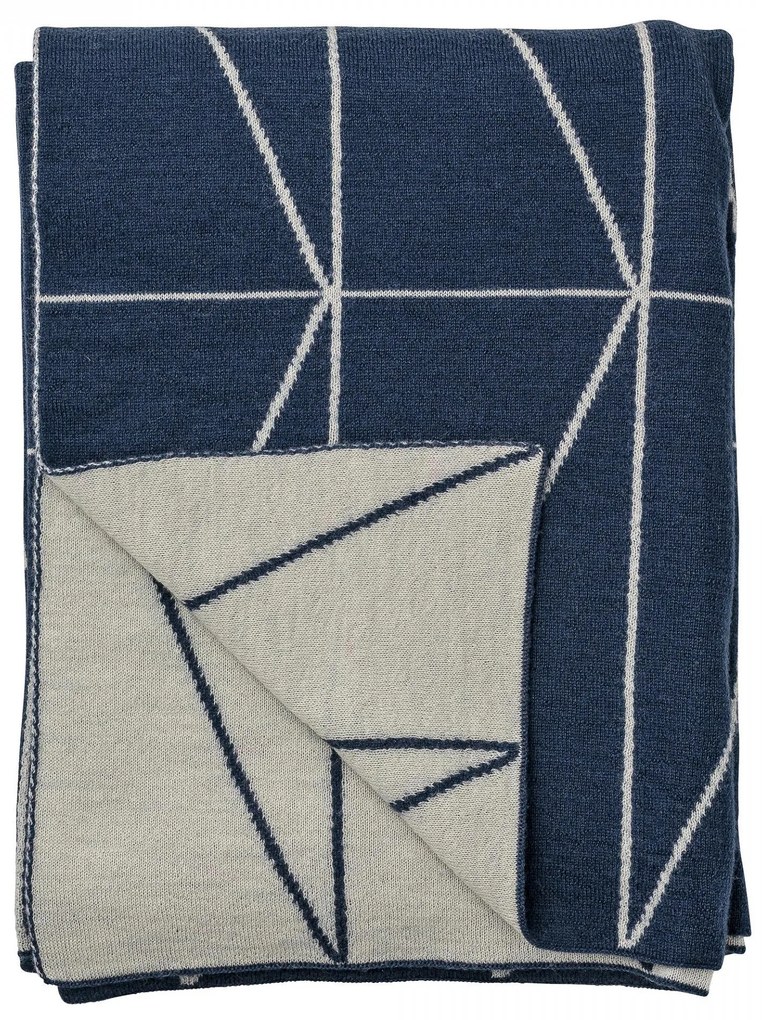 Bloomingville Pletený přehoz Indigo Blue Zig-Zag 130x170 cm, modrá barva, šedá barva, textil