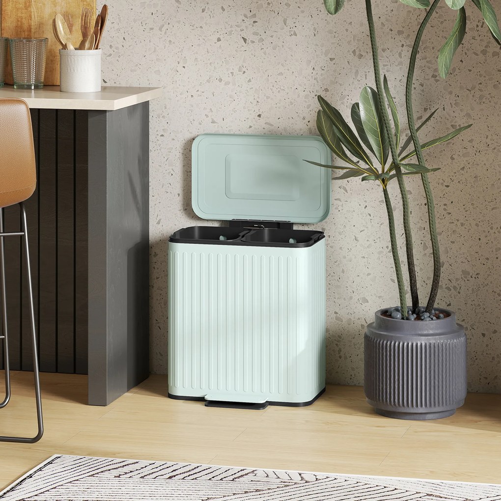 HOMCOM koš na odpad 40 l s pedálem a dvěma přihrádkami — 2 × 20 l, tlumené dovírání, funkce držení otevřeného víka, vyjímatelné vnitřní nádoby — zele…
