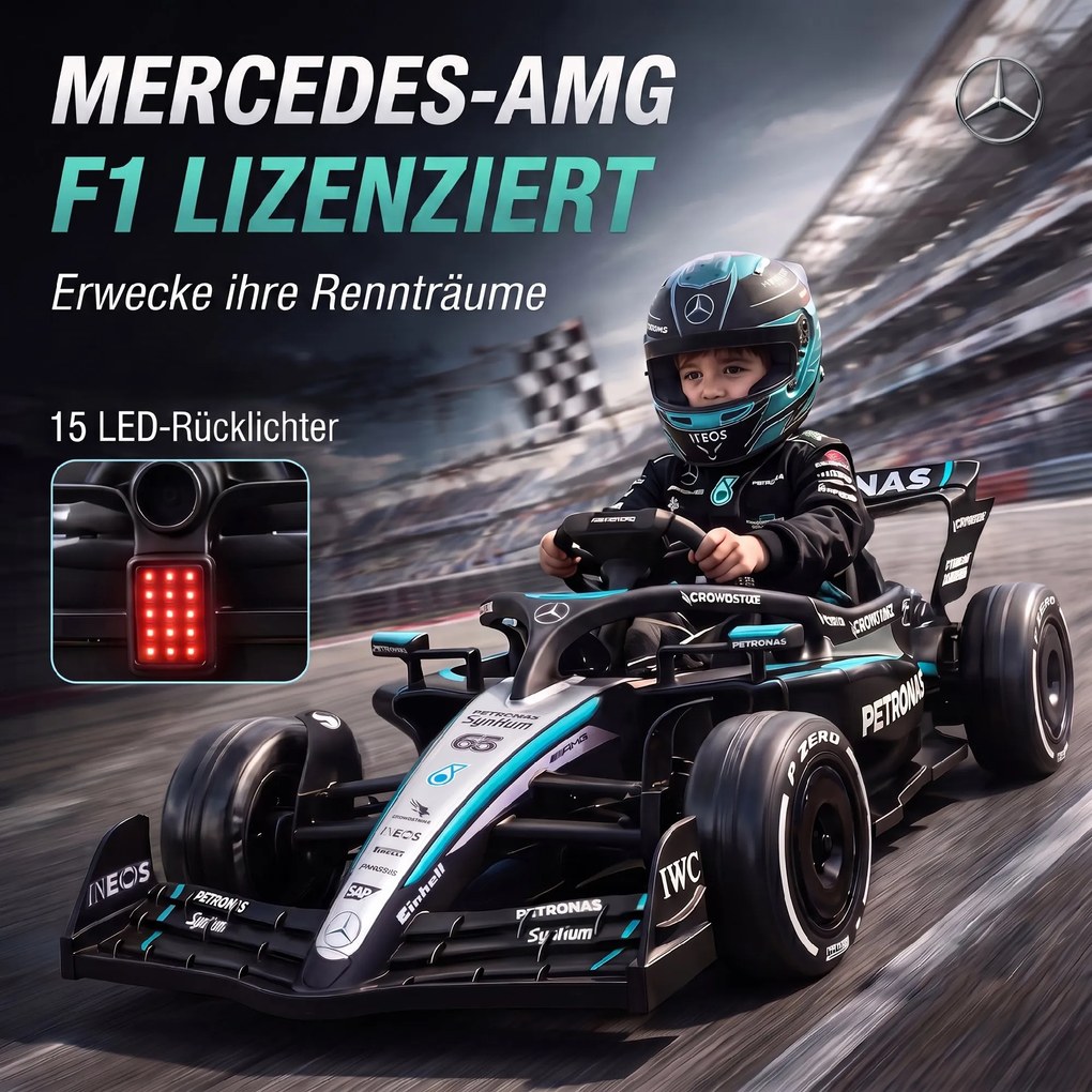 AIYAPLAY Mercedes-AMG PETRONAS F1 12 V elektrický go-kart pro děti Gokart s lithium-akumulátorem 2 motory Plynulý start